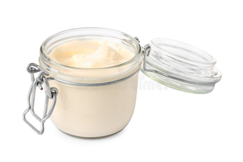 Tasty Mayonnaise in Glass Jar Isolated on White Stock Image - Image of ...