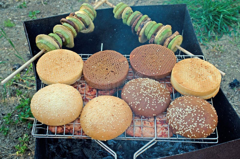 Tasty Meat with Buns on Grill Stock Image - Image of grilled, coal ...