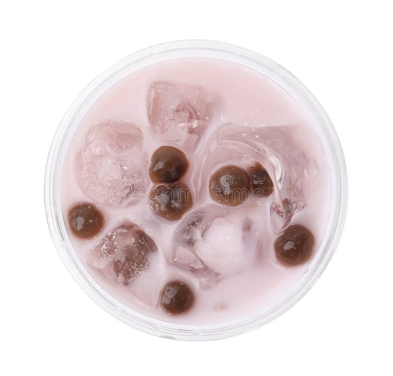 Tasty Milk Bubble Tea in Plastic Cup Isolated on White, Top View Stock ...