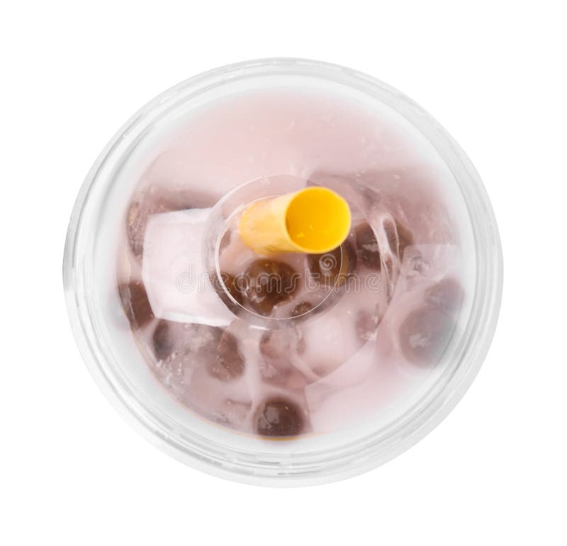 Tasty Milk Bubble Tea in Plastic Cup Isolated on White, Top View Stock ...