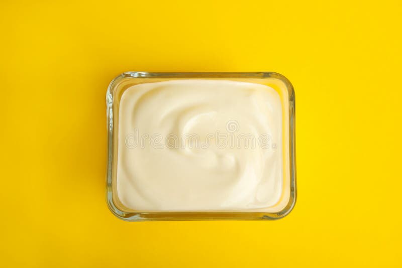 Tasty Organic Yogurt on Yellow, Top View Stock Photo - Image of grocery ...