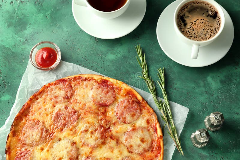 Tasty Pepperoni Pizza and Cups of Coffee on Table Stock Image - Image ...