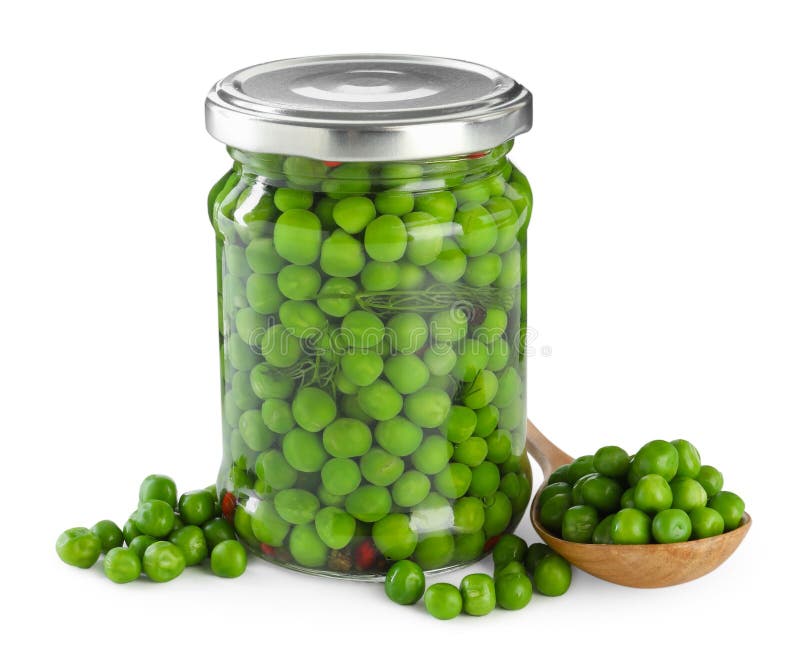 Tasty Pickled Peas in Jar and Fresh Ingredients Isolated on White Stock ...