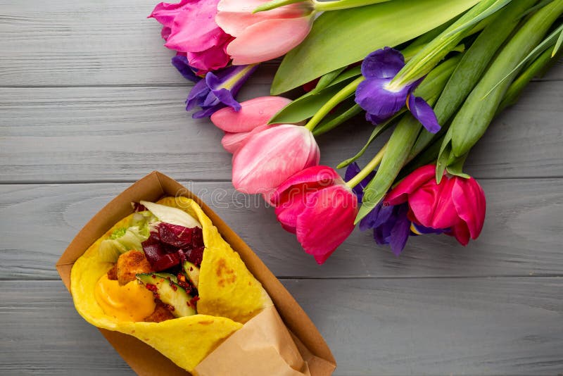 Tasty Pita and Flowers Top View Stock Photo - Image of healthy, fresh ...