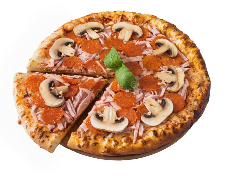 Tasty Pizza with Pepperoni, Ham and Mushrooms Isolated Stock Photo ...