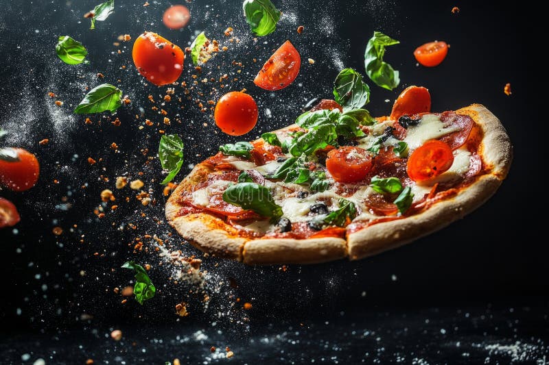 Tasty Pizza with Pepperoni, Tomatoes, Basil and Cheese Explosion on ...
