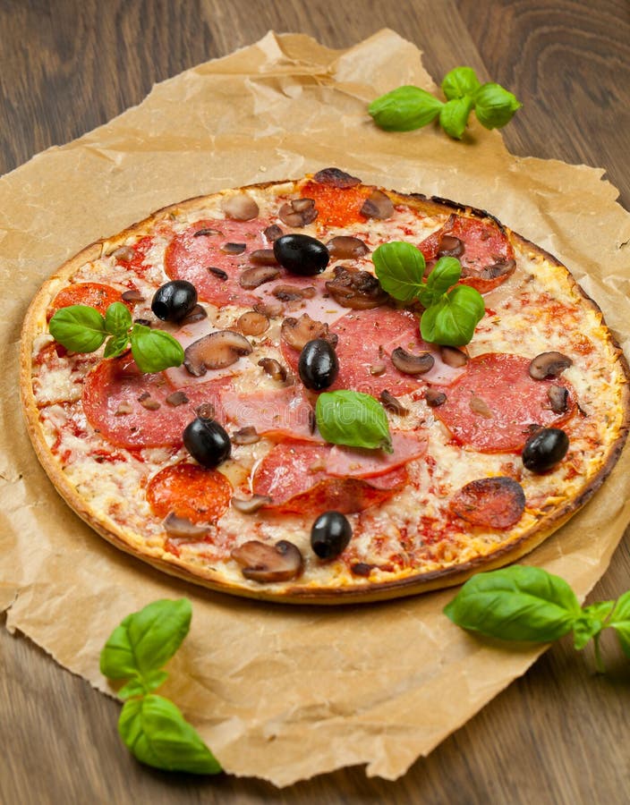 Tasty Pizza on Wooden Table, Top View. Stock Photo - Image of olives ...