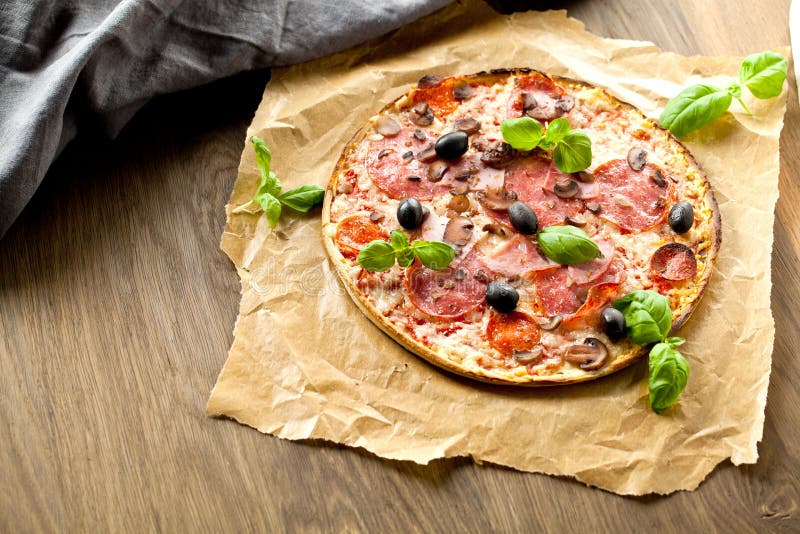 Tasty Pizza on Wooden Table, Top View. Stock Image - Image of meat ...