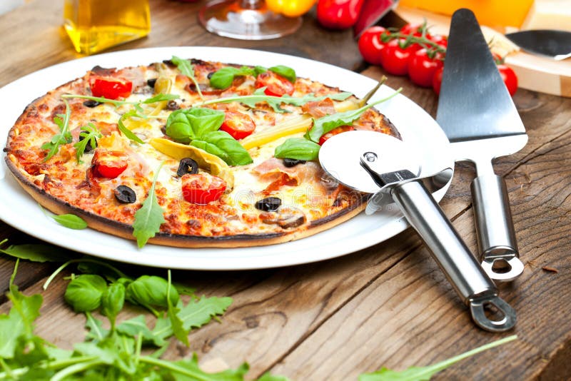 Tasty Pizza on Wooden Table, Top View. Stock Photo - Image of close ...