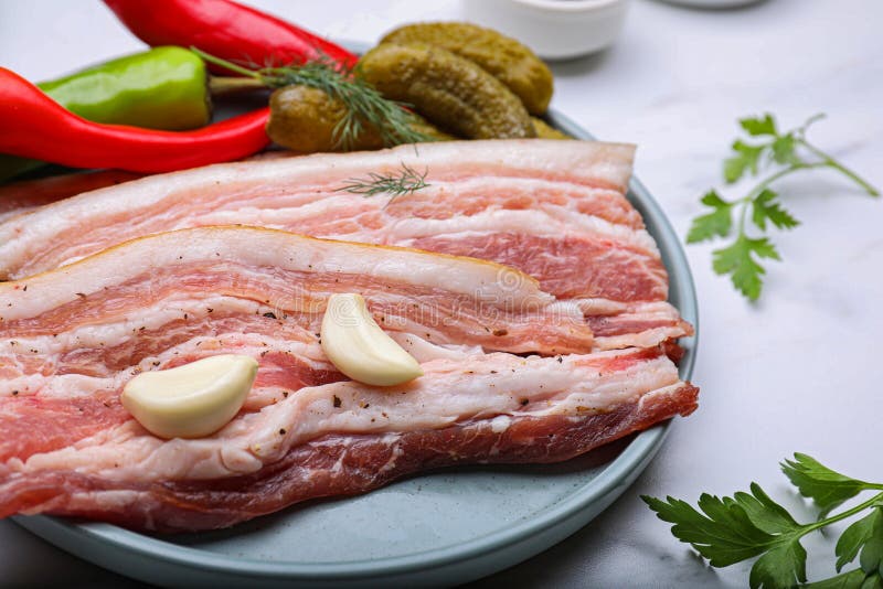 Tasty Pork Fatback Served on White Marble Table, Closeup Stock Image ...