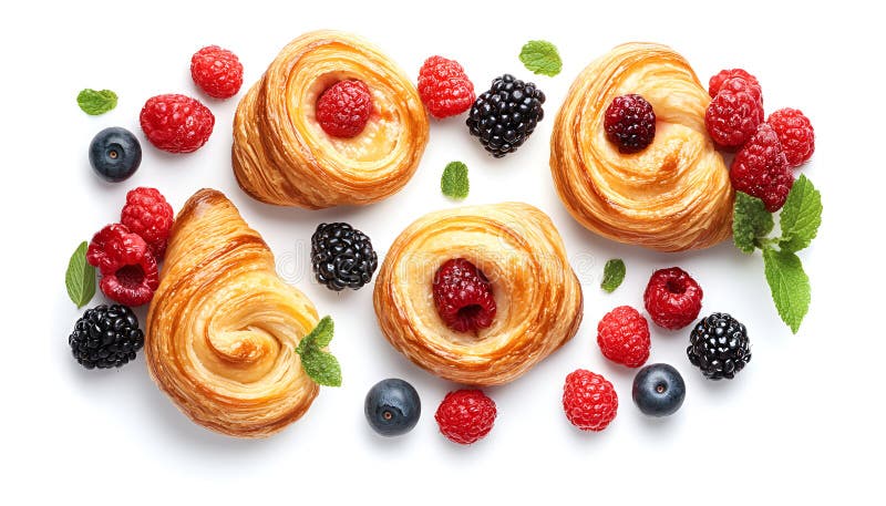 Tasty Puff Pastries with Berries, Isolated on White, Top View Stock ...