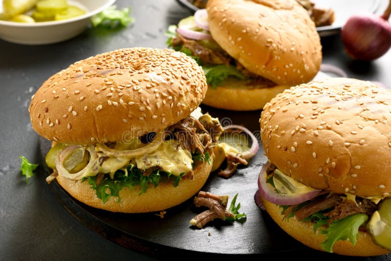 Tasty pulled beef burger stock image. Image of fast - 128683637