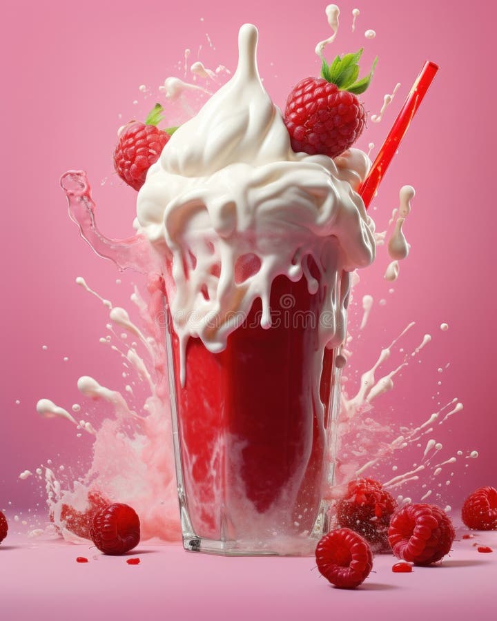 Tasty Raspberry Milkshake Topped with Cream, with Splashes Stock ...