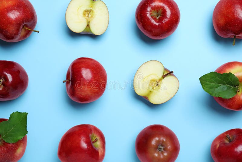 Tasty Red Apples on Light Blue Background Stock Photo - Image of light ...