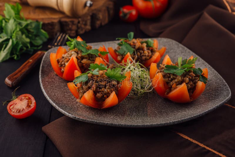 Tasty Red Stuffed Tomatoes with Rice and Minced Meat Stock Photo ...