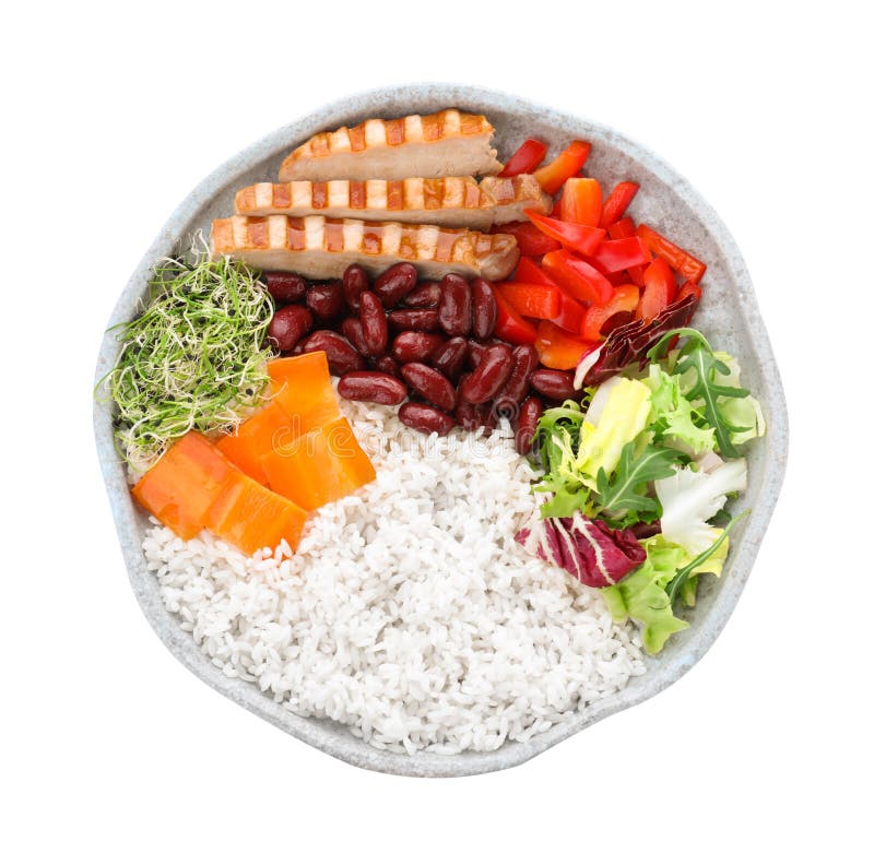 Tasty Rice with Beans, Vegetables and Meat Isolated on White, Top View ...