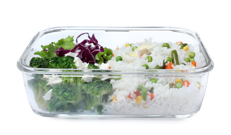 Tasty Rice with Boiled Egg and Vegetables in Glass Container Isolated ...