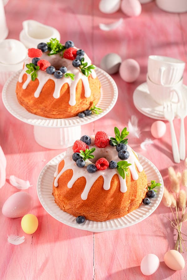 Tasty Ring Cake for Easter Accompanied by Eggs and Willows Stock Photo ...