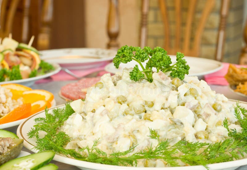 Tasty Russian Salad. Banquet in the Restaurant Stock Image - Image of ...