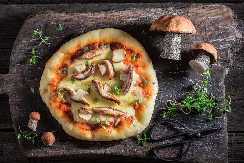 Tasty Rustic Pizza Made of Wild Mushrooms and Herbs Stock Image - Image ...