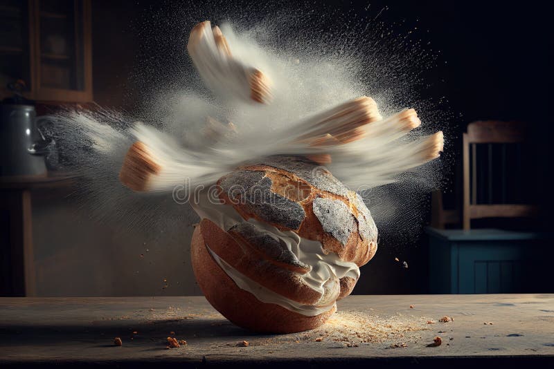 Tasty Rye Bread on the Table with a Flour Explosion Above Stock ...