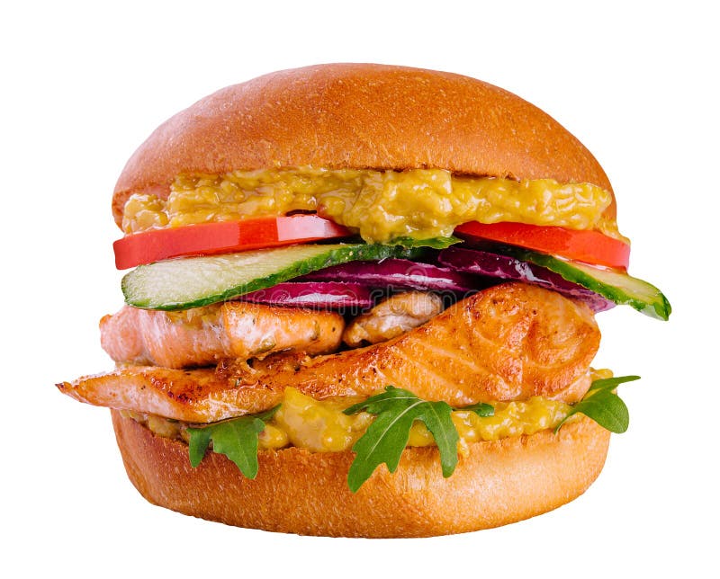 Tasty Salmon Fish Burger Isolated Stock Image - Image of vegetarian ...