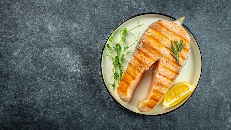 Tasty Salmon Steak Dark Background Long Banner Format Top View Stock ...