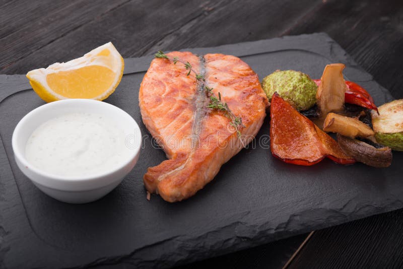 Tasty Salmon Steak Fish with Grilled Vegetables Stock Image - Image of ...