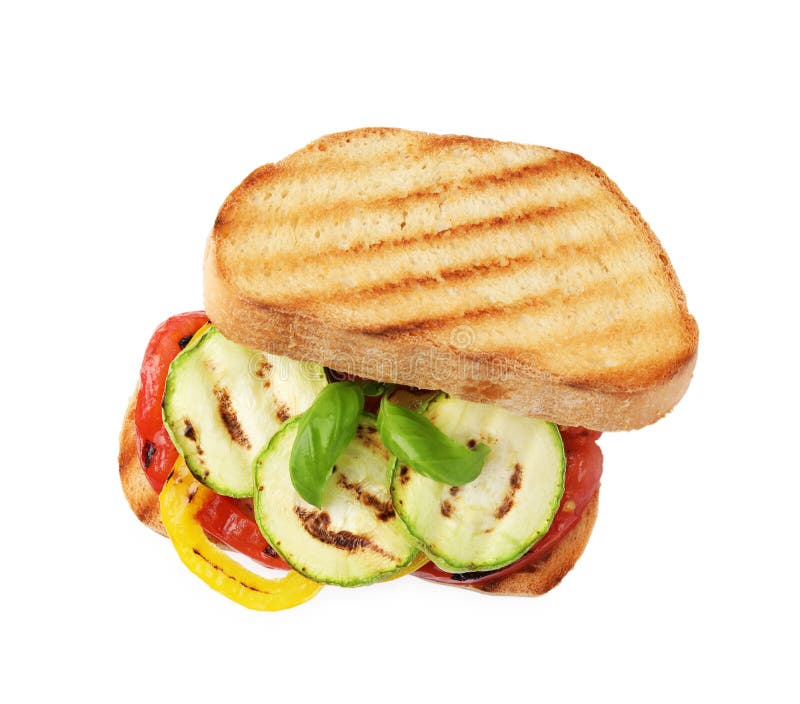 Tasty Sandwich with Grilled Vegetables Isolated on White, Top View ...