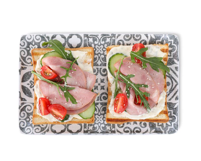 Tasty Sandwiches with Ham Isolated on White, Top View Stock Image ...