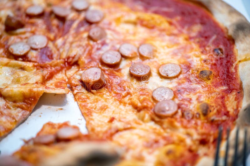 Tasty Sausage Wurstel Pizza Sliced Stock Image - Image of parmesan ...