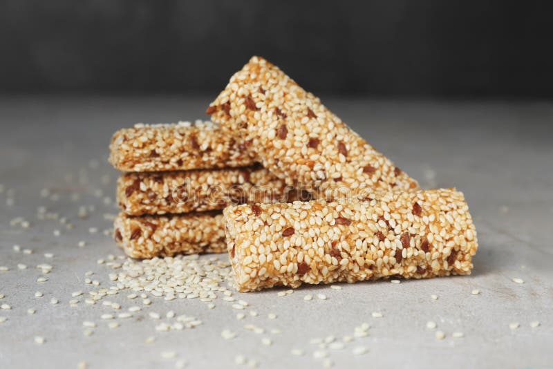 Tasty Sesame Seed Bars on Grey Table Stock Image - Image of dessert ...