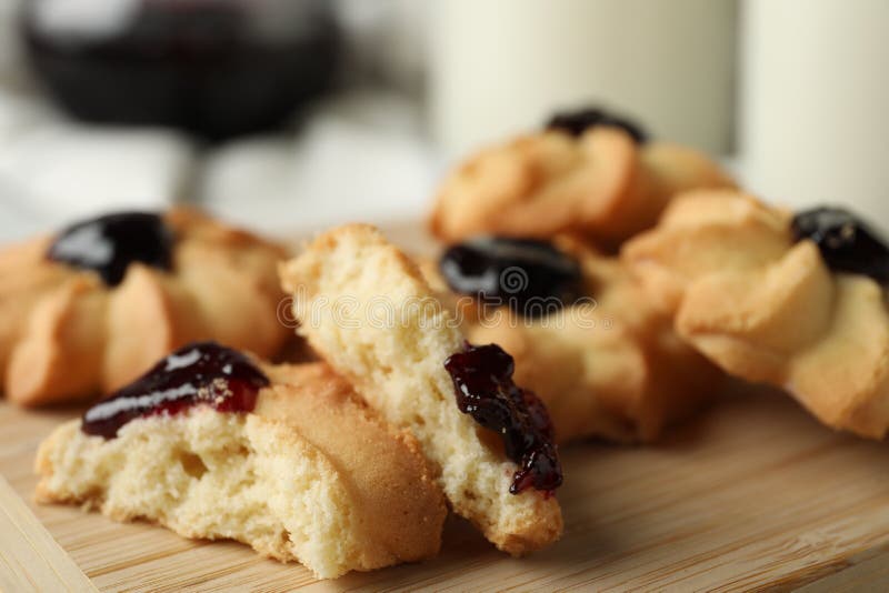 Tasty Shortbread Cookies with Jam on Table, Closeup Stock Photo - Image ...