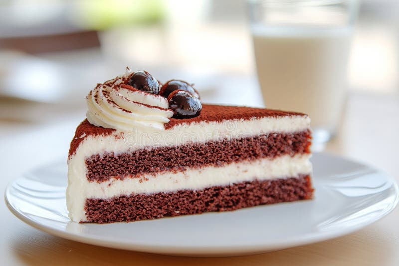 A Tasty Slice of Chocolate Layer Cake Enjoyed with a Glass of Milk ...