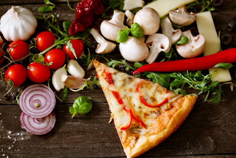 Tasty Slice Pizza on Wooden Table Top View Stock Photo - Image of ...