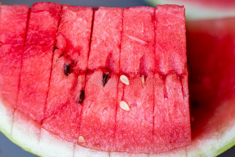 Tasty Sliced Watermelon on Table Outdoors. Red Juicy Sliced Watermelon ...