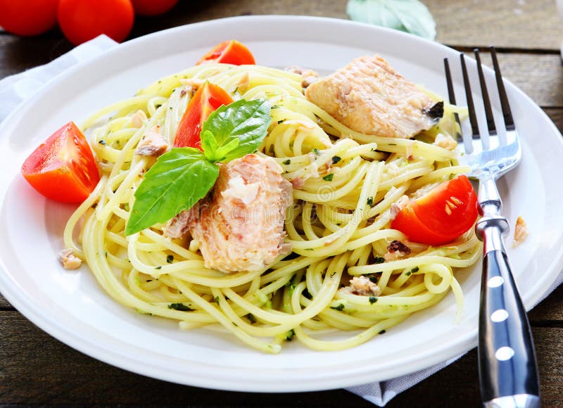 Tasty Spaghetti with Chunks of Fish Stock Image - Image of dish, fish ...