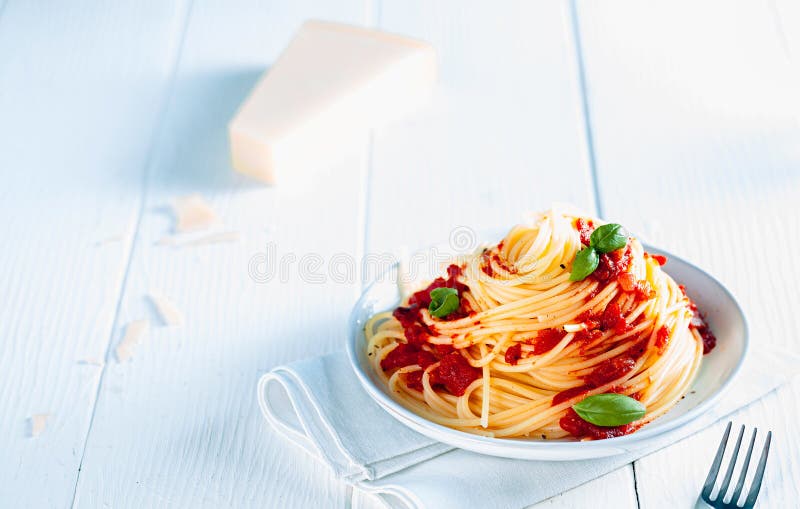 Tasty Spaghetti in Plate on White Table Background Stock Image - Image ...