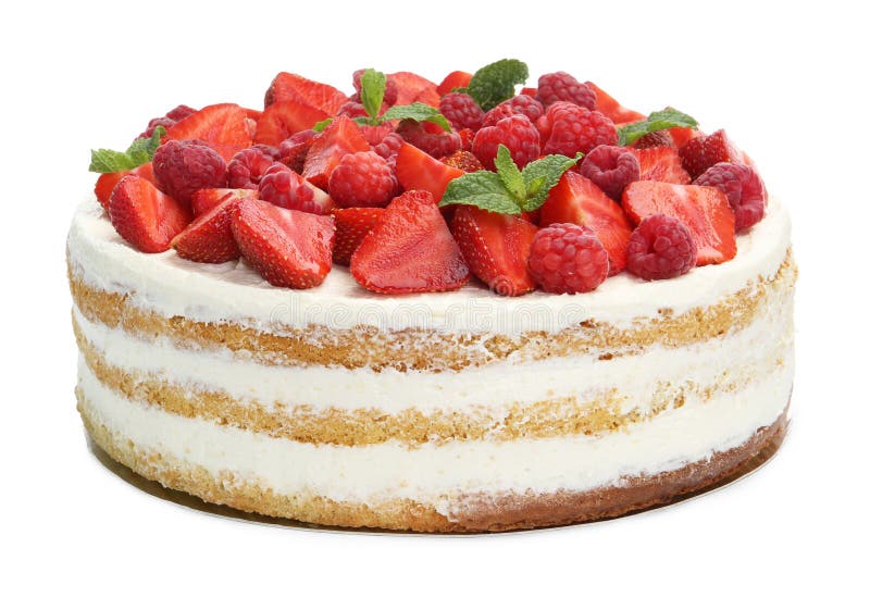Tasty Sponge Cake with Fresh Berries and Mint Isolated on White Stock ...