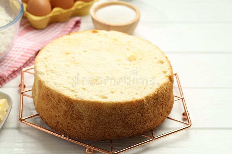 Tasty Sponge Cake and Ingredients on White Wooden Table Stock Image ...