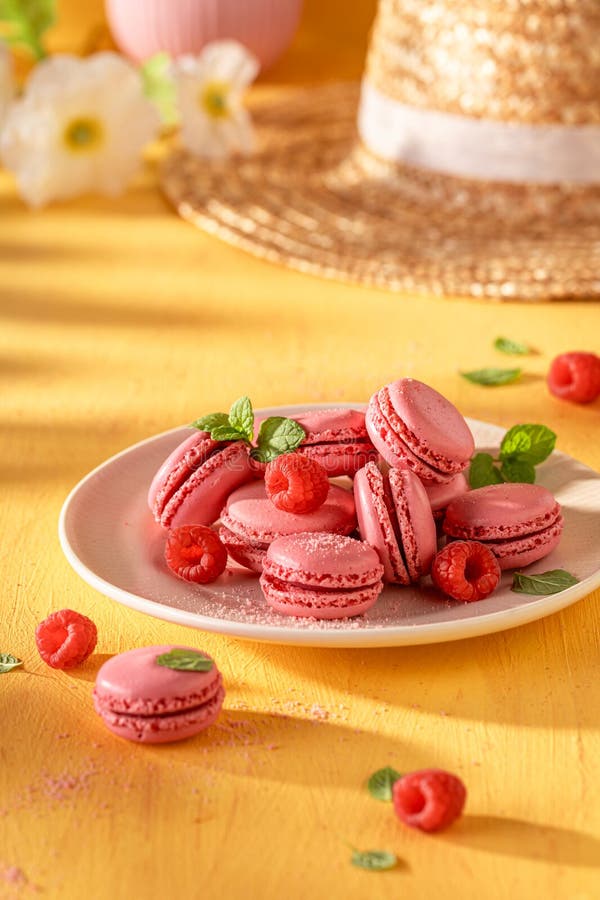 Tasty and Sweet Raspberry Macarons Made of Meringue and Fruit Stock ...