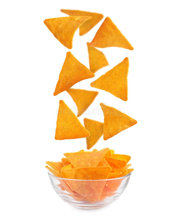 Tasty Tortilla Chips Nachos Falling into Bowl on White Background Stock ...