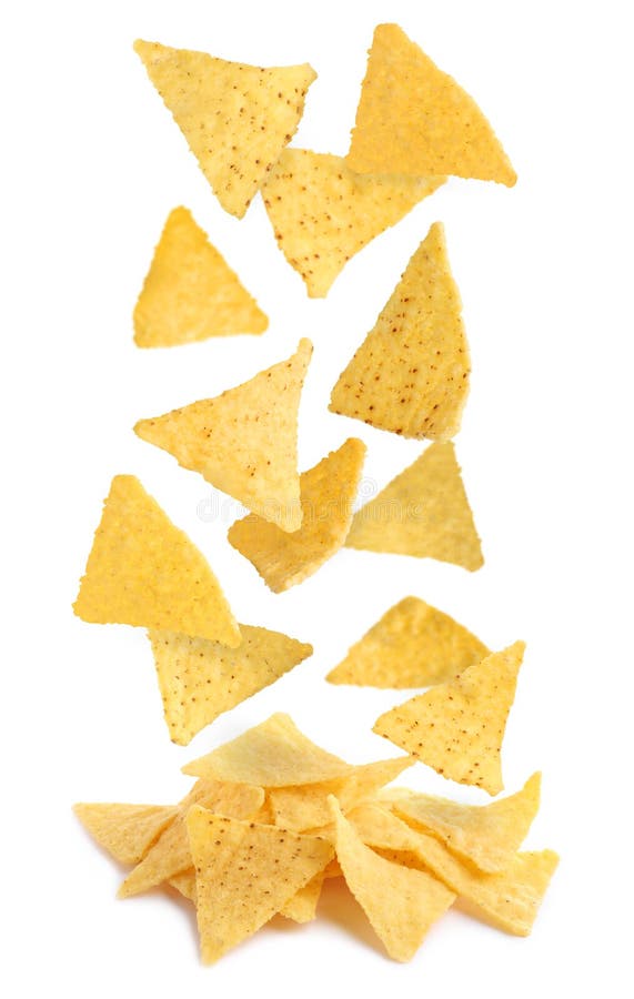 Tasty Tortilla Chips Nachos Falling into Pile on White Background Stock ...