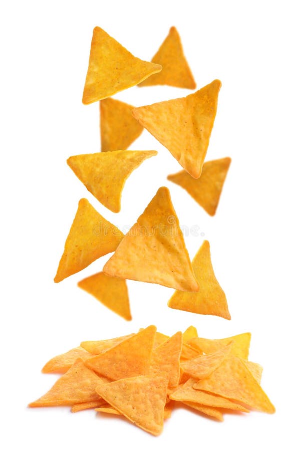 Tasty Tortilla Chips Nachos Falling into Pile on White Background Stock ...