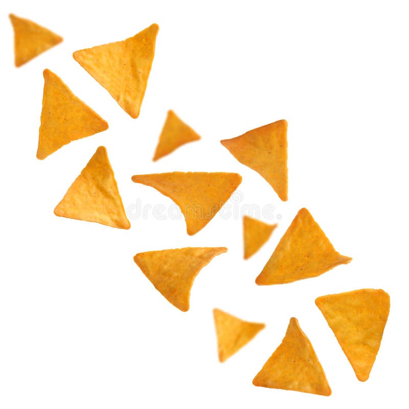 Tasty Tortilla Chips Nachos Falling on White Background Stock Image ...