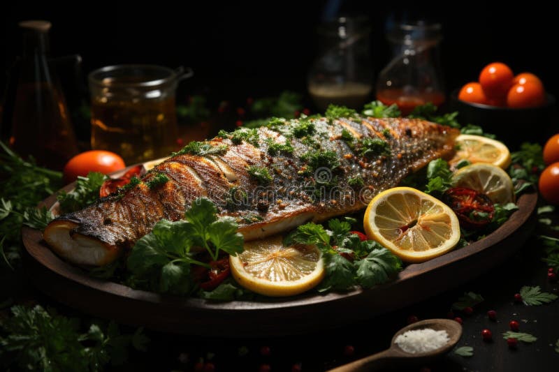 Tasty Upper View Cooked Fish with Fresh Vegetables and Cutlery on Stock ...