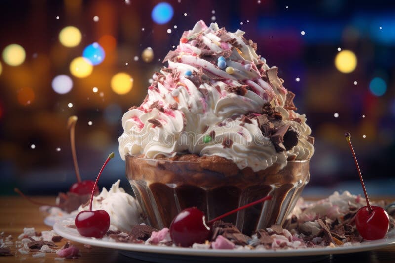 Tasty Vanilla Ice Cream Chocolate Sundae with Whipped Cream Stock ...