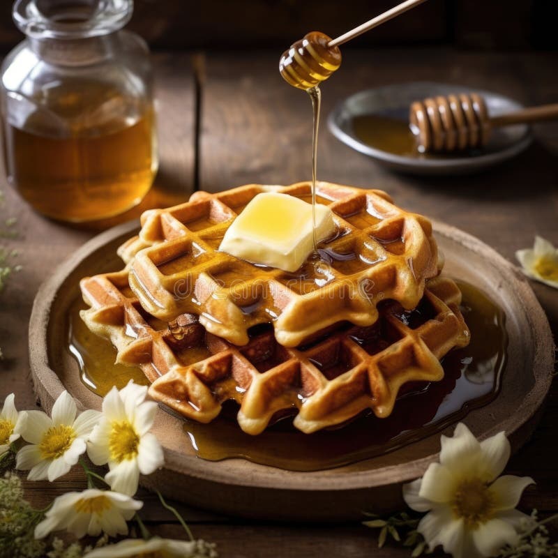 Tasty Waffles .Honey Pouring on a Fresh Waffles. Background Stock Image ...