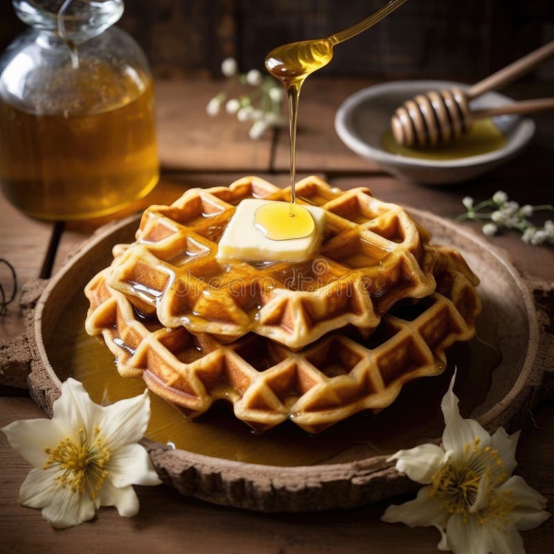 Tasty Waffles .Honey Pouring on a Fresh Waffles. Background Stock Photo ...