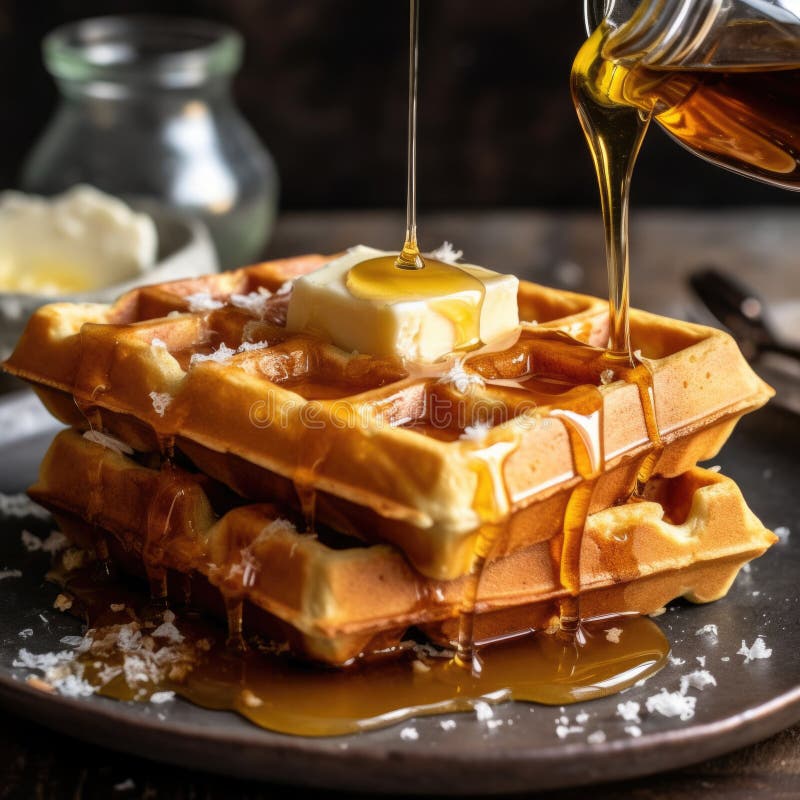 Tasty Waffles .Honey Pouring on a Fresh Waffles. Background Stock Photo ...
